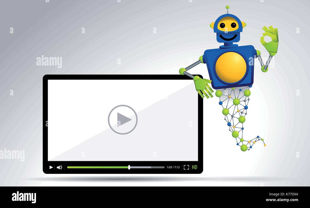 Blue and yellow robot genie floating next to a video screen with one ...