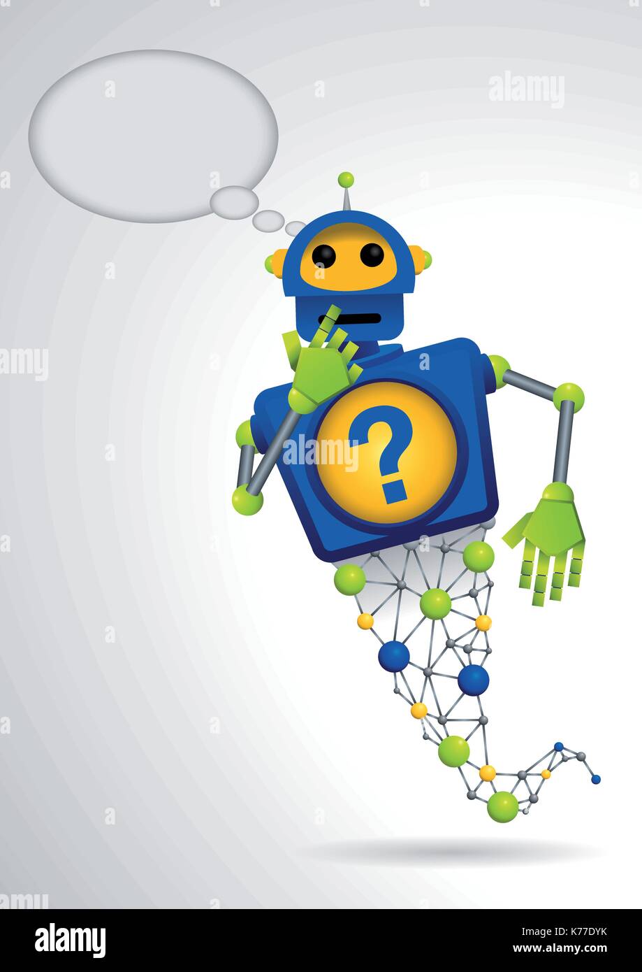 Blue robot genie with his hand on the jaw in attitude of thinking on ...