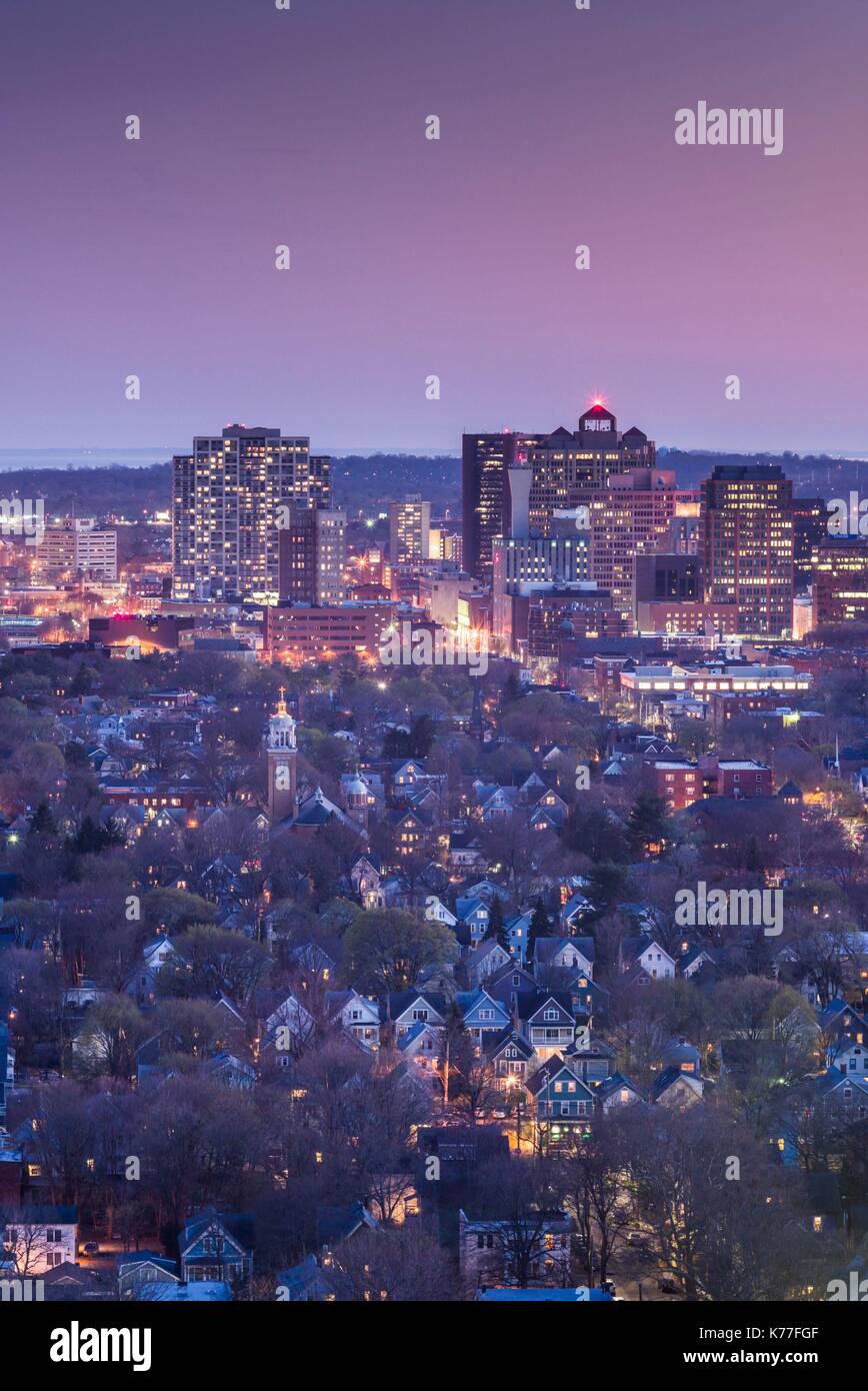 United States, Connecticut, New Haven, city skyline from East Rock Park ...