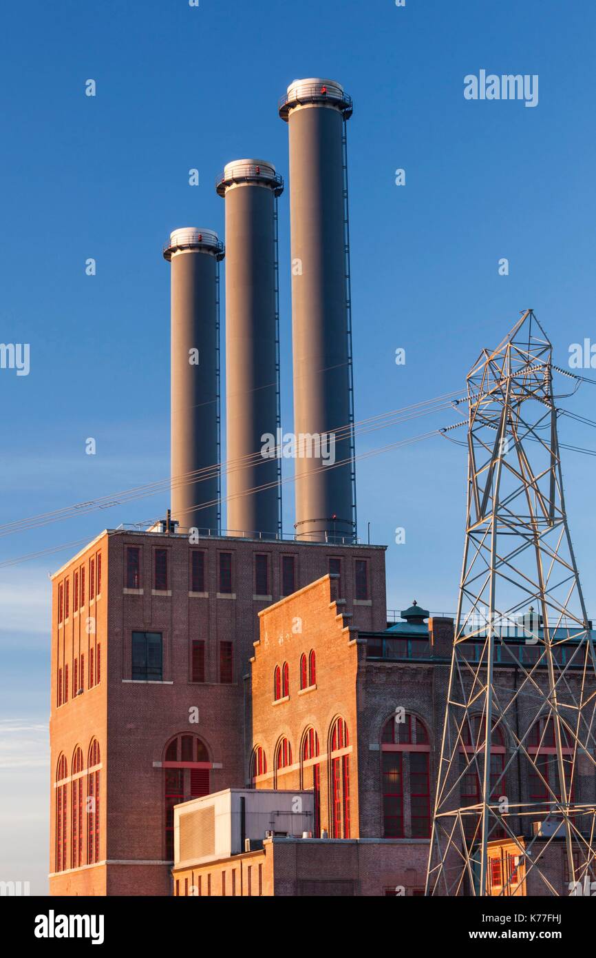 United States, Rhode Island, Providence, power plant smokestacks, dawn ...