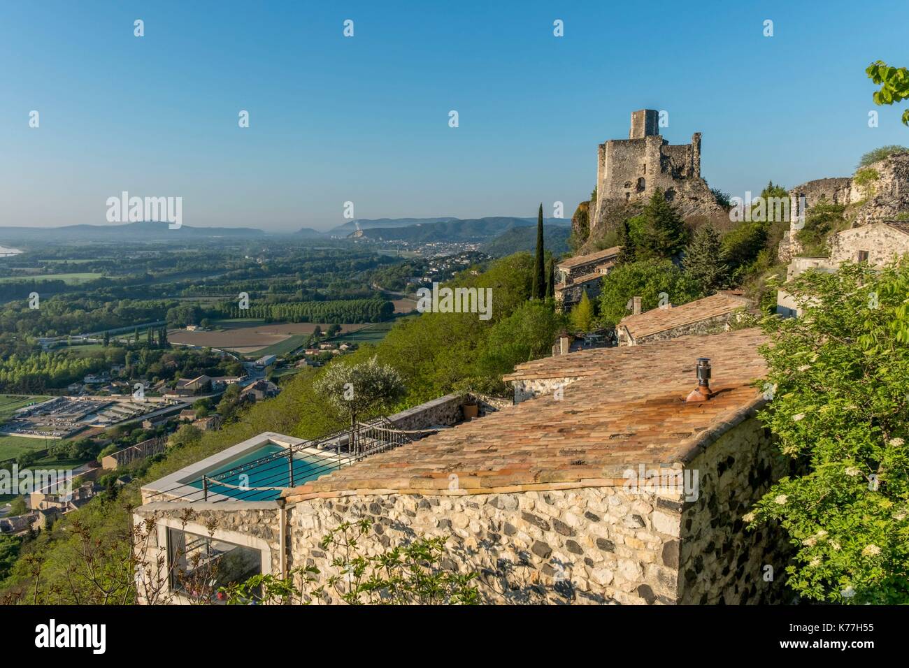 France, Ardeche, castle of Rochemaure, plateau du Coiron, Rhone valley ...