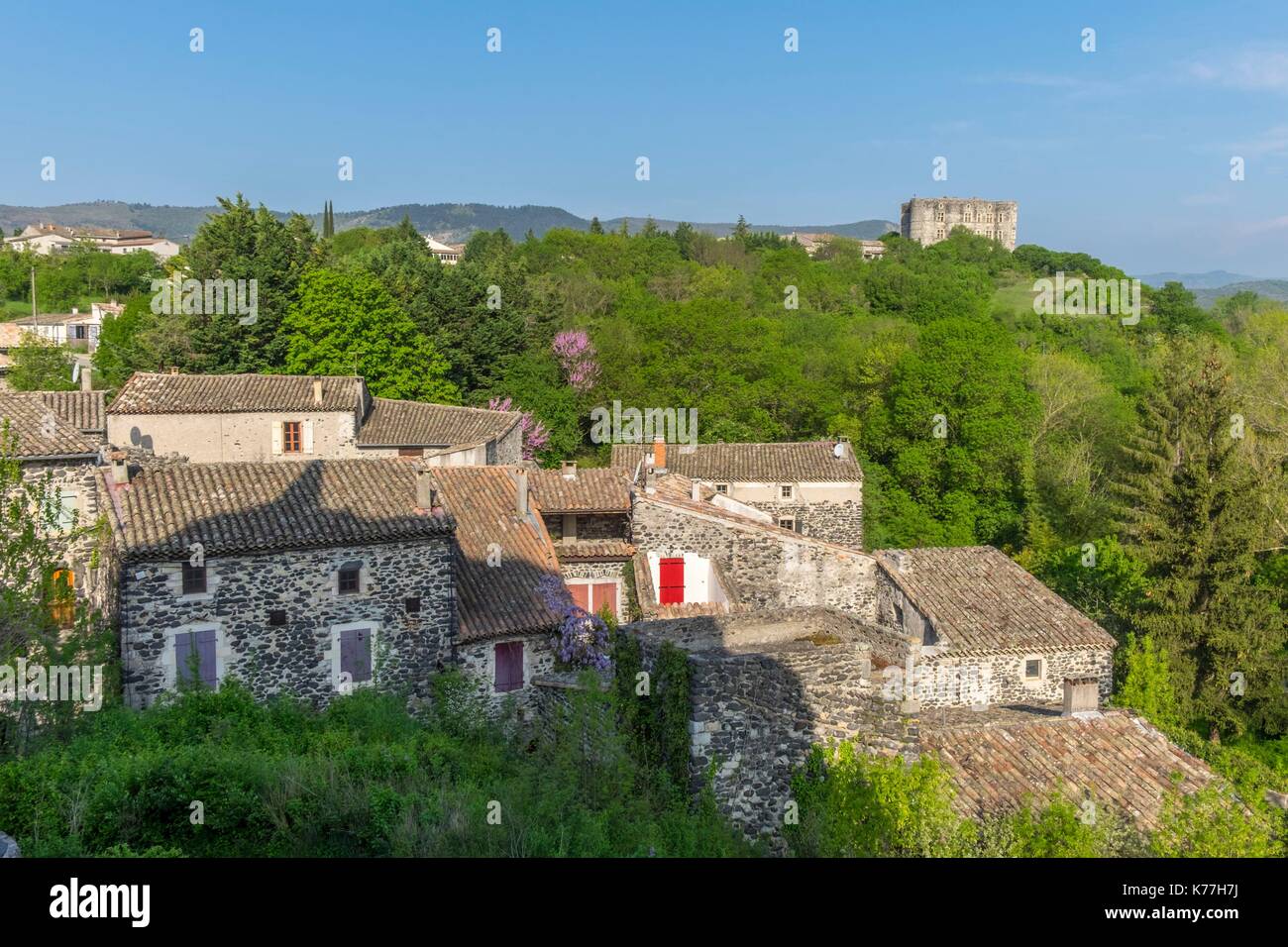 France, Ardeche, Alba la Romaine, La Roche hamlet and the castle Stock ...