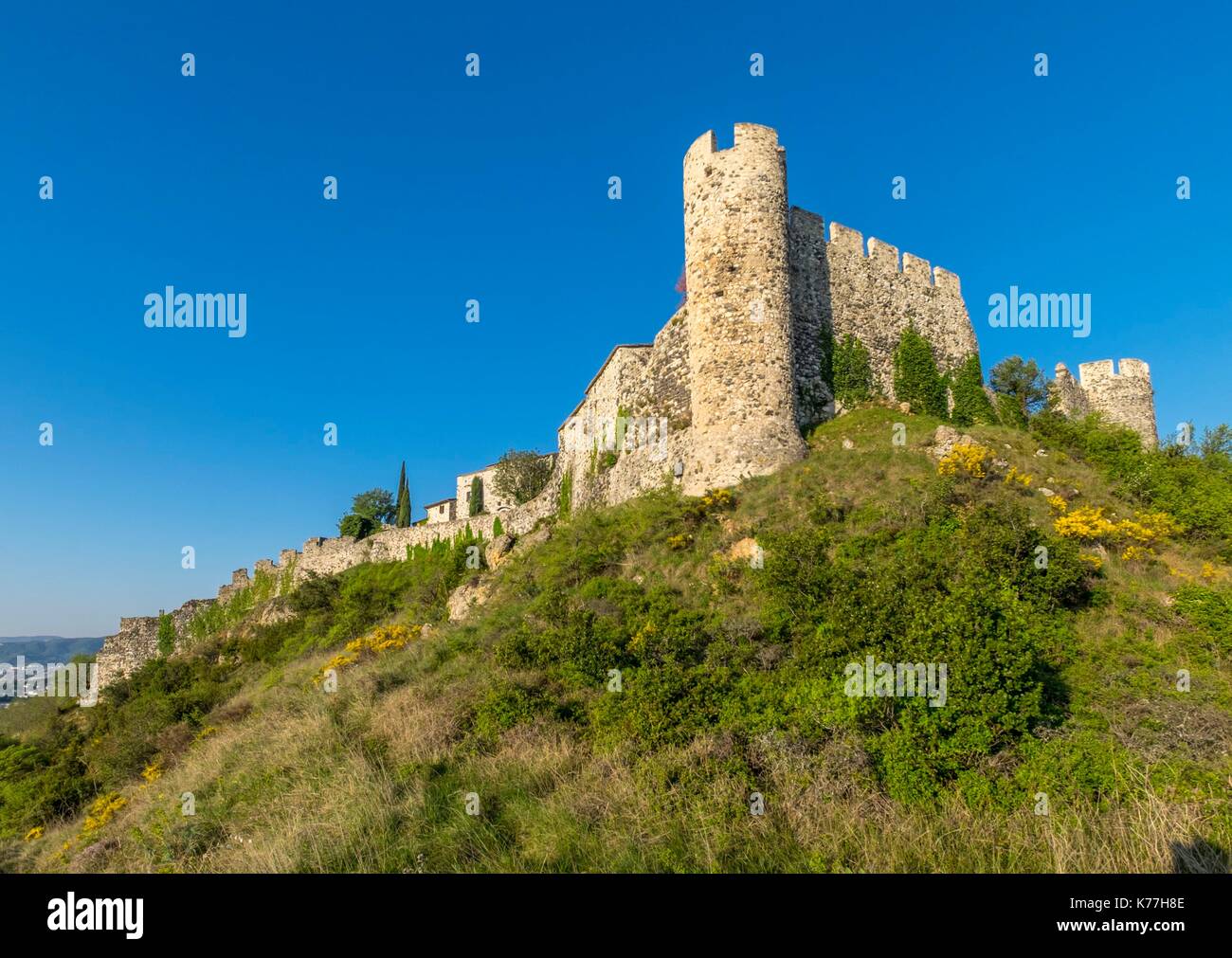 France, Ardeche, castle of Rochemaure, plateau du Coiron, Rhone valley ...