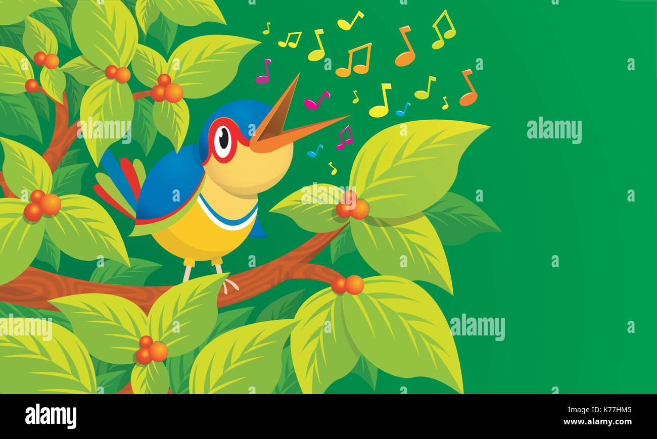 Lone colorful bird singing on the branch of a tree on green background ...