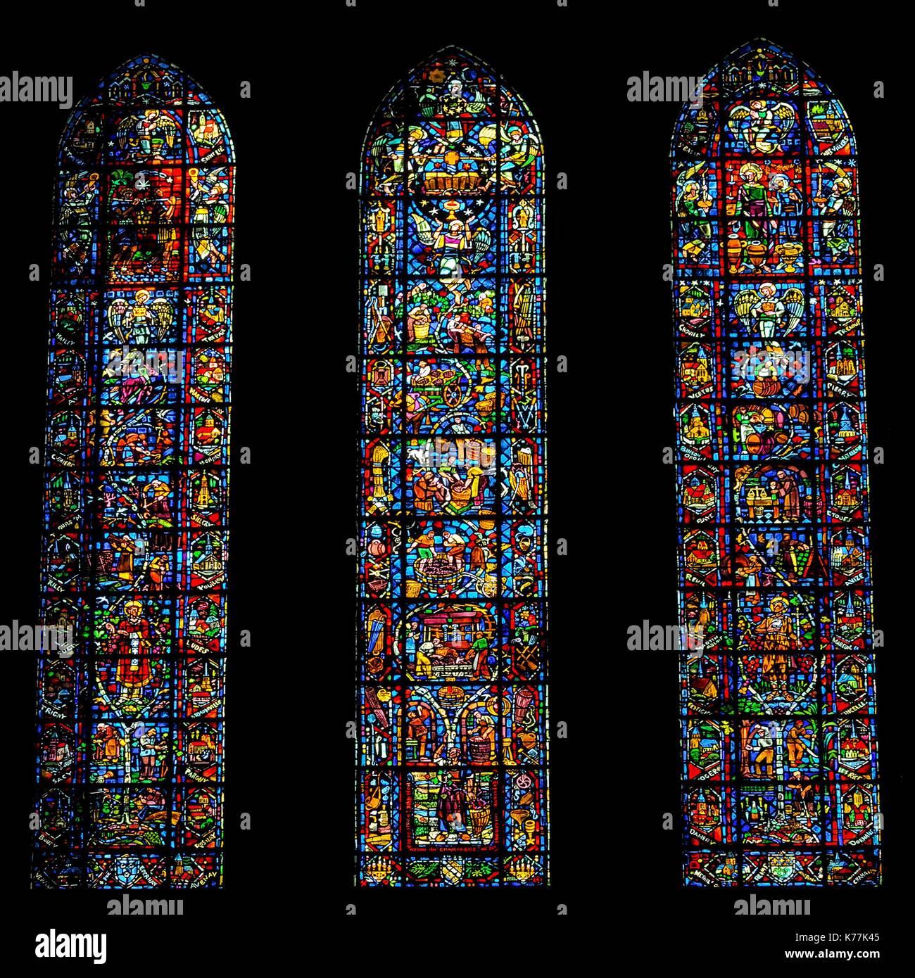 France, Marne, Reims, stained-glass window of Champagne inside ...
