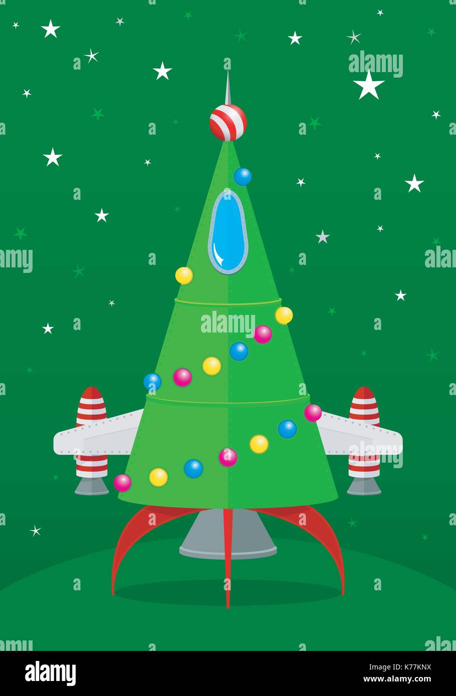 Comic christmas tree shaped spaceship with green background with stars ...