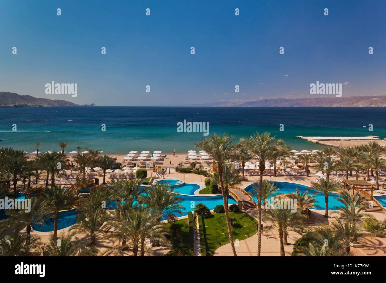 Jordan, Aqaba, elevated view of Red Sea and beach Stock Photo - Alamy