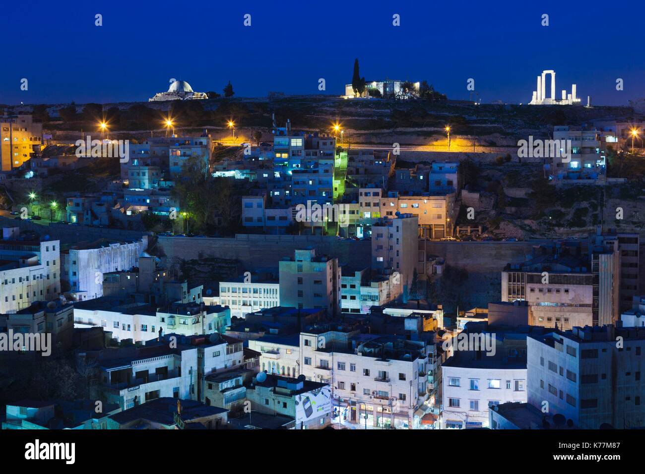 Jordan, Amman, elevated view of Central Amman and Citadel, dusk Stock ...