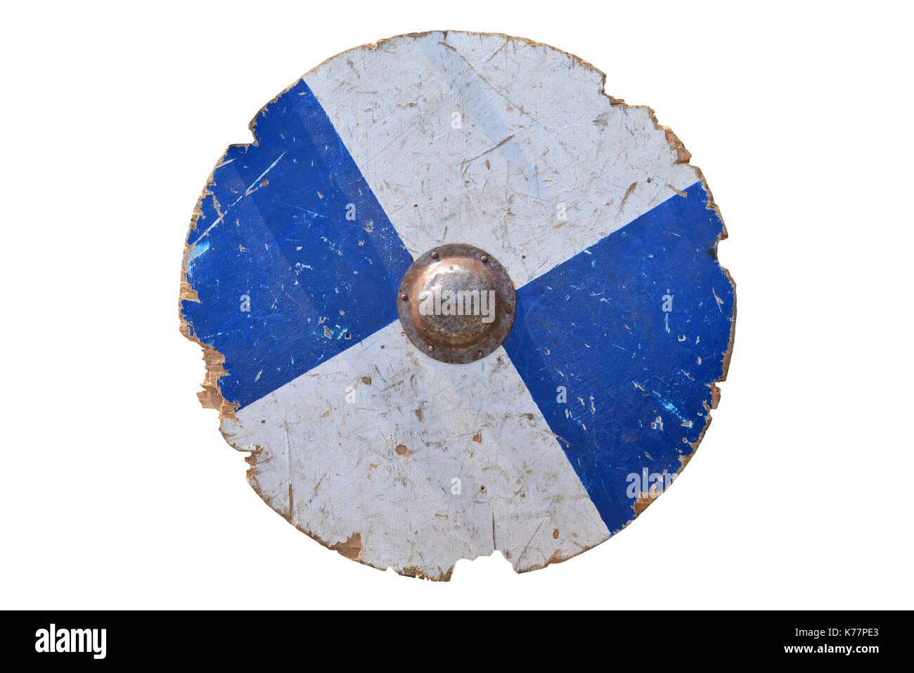 medieval wood and metal blue shield isolated over white Stock Photo - Alamy