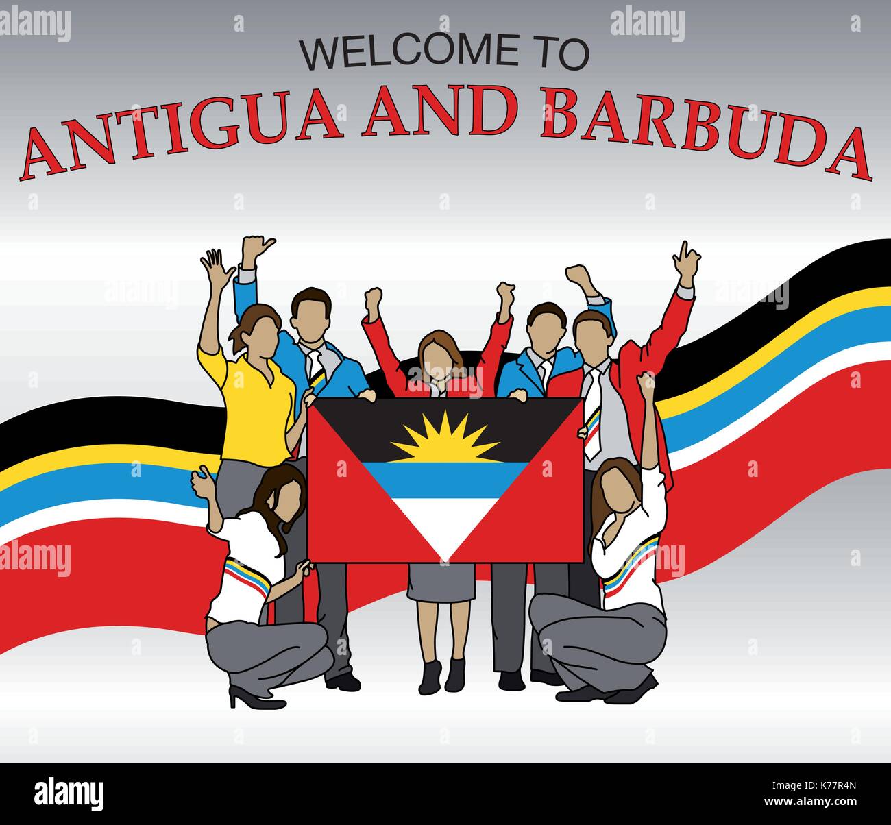 Welcome to Antigua and Barbuda. Group of people dressed in the colors ...