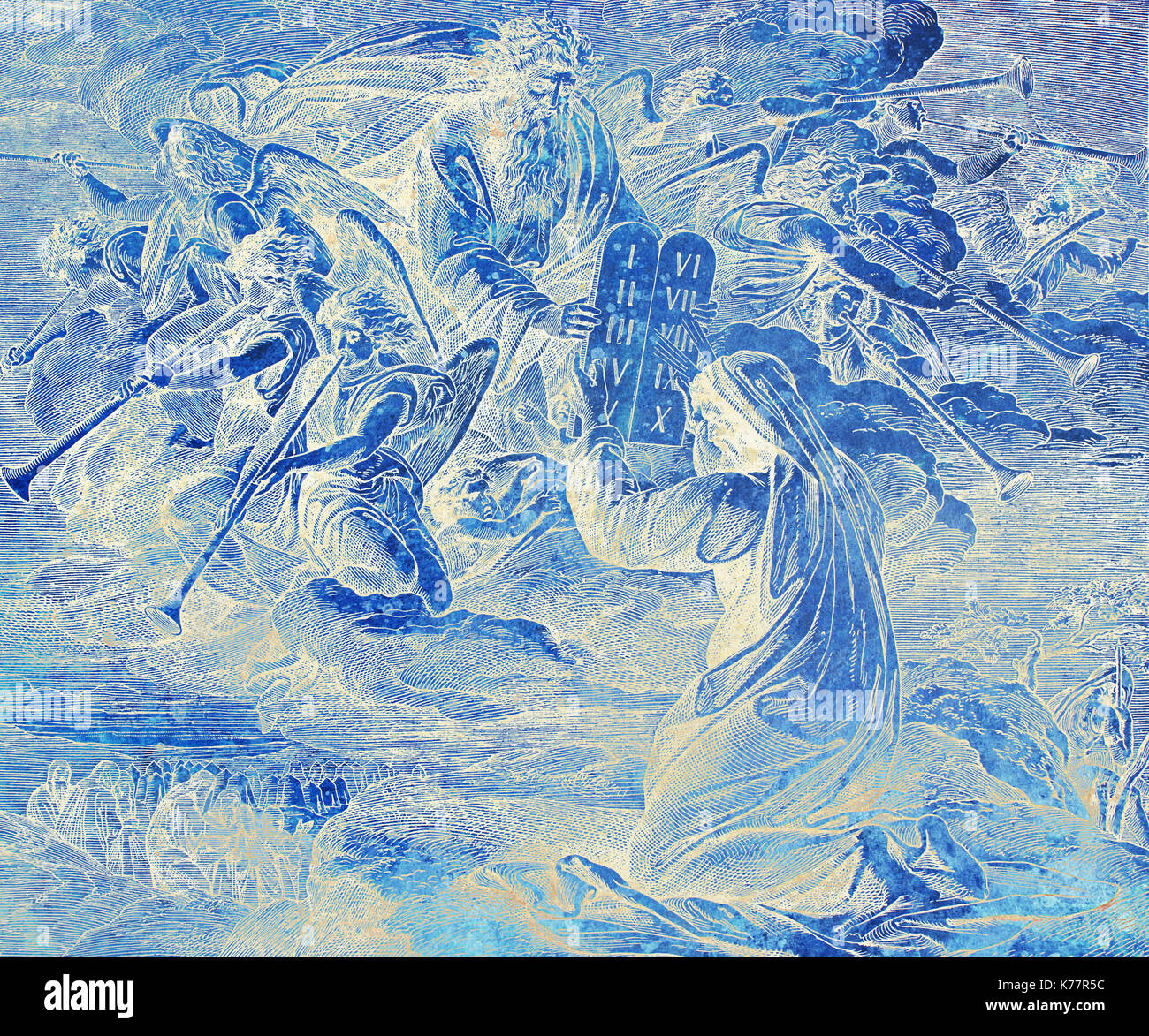 Moses receiving the ten commandments from God, graphic collage from ...