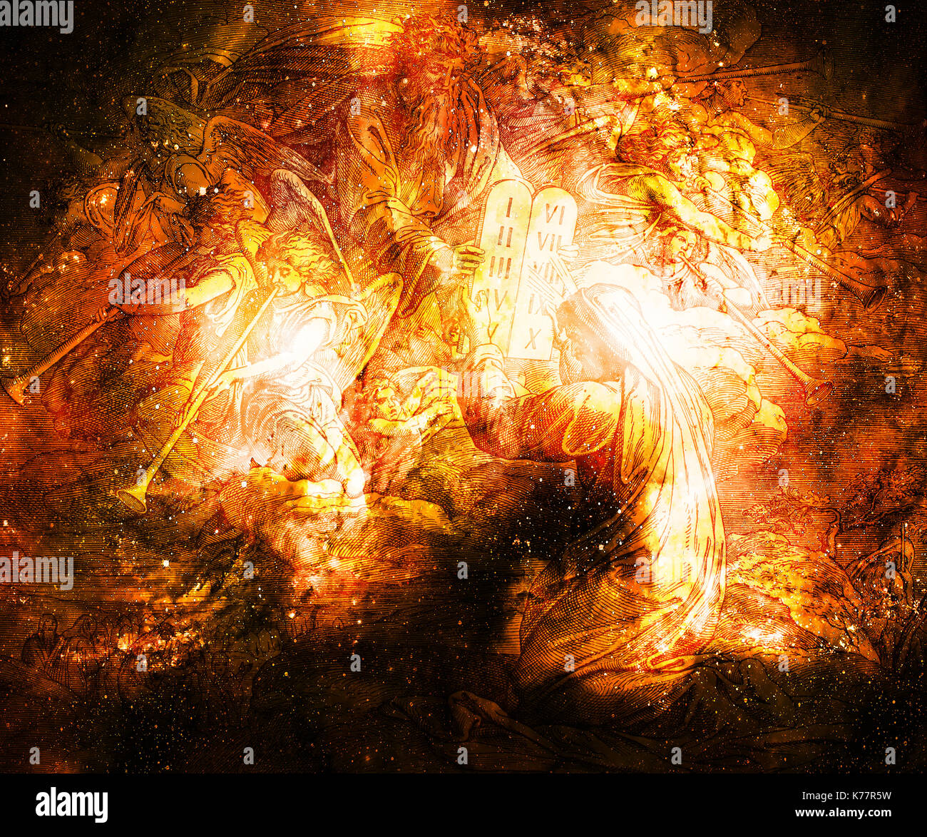 Moses receiving the ten commandments from God, graphic collage from ...