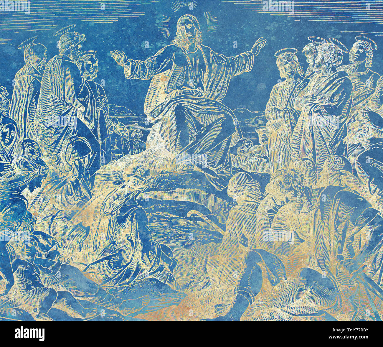 Jesus´ sermon on the mount, graphic collage from engraving of Nazareene ...
