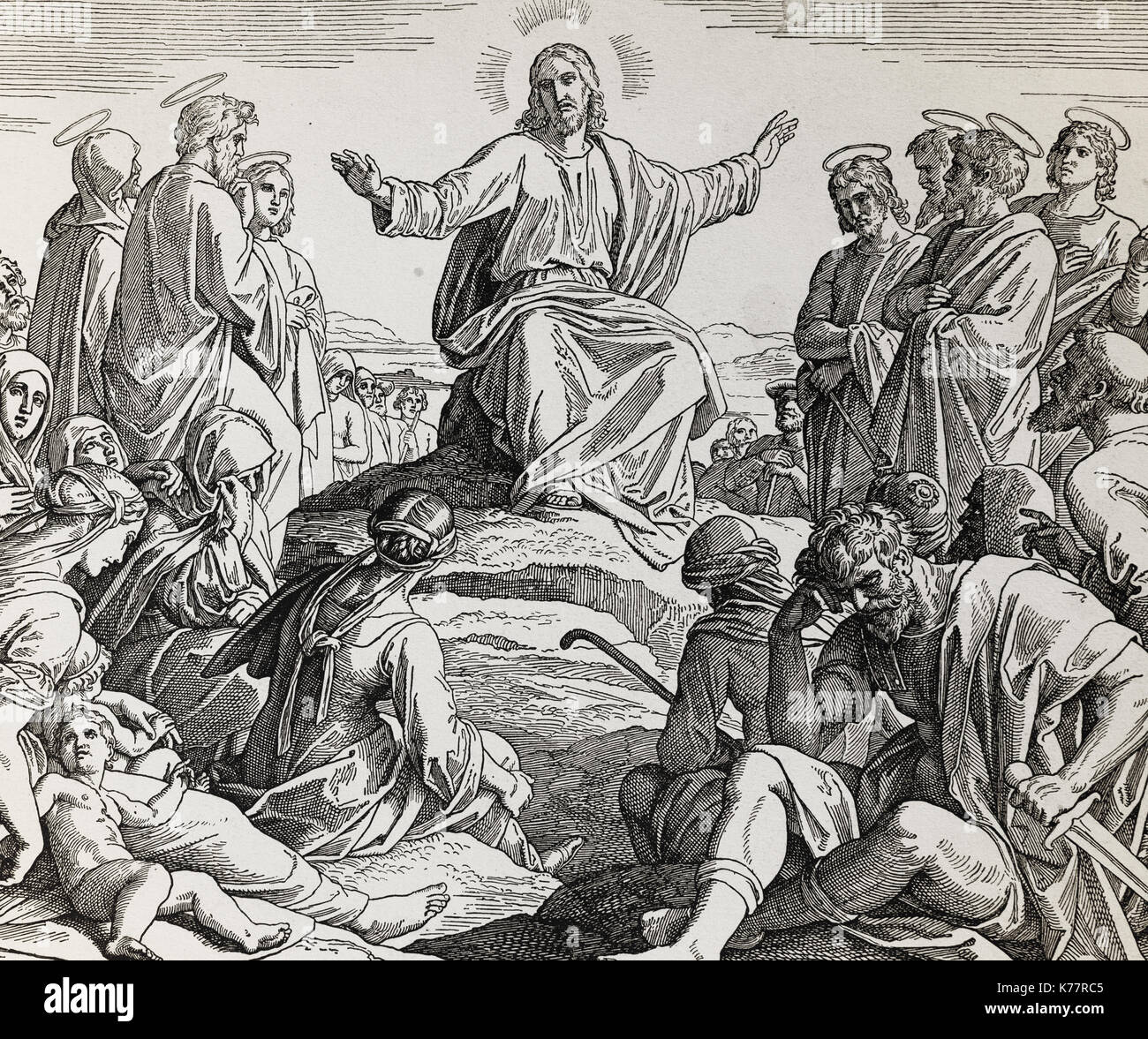 Jesus´ sermon on the mount, graphic collage from engraving of Nazareene ...