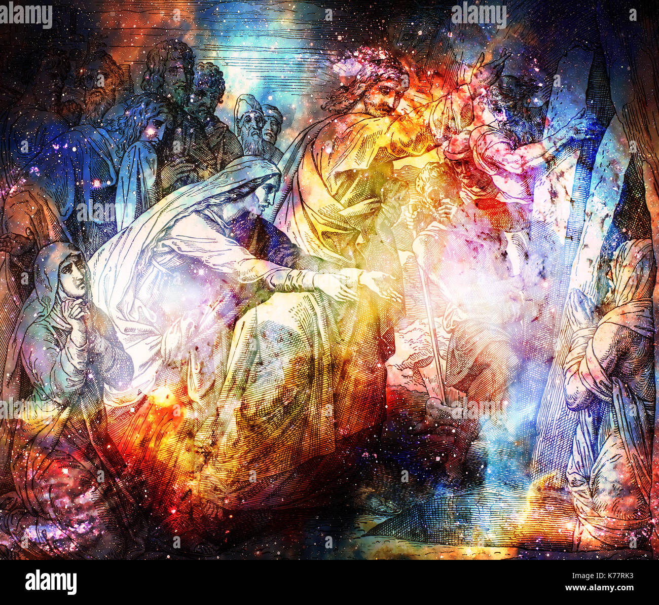 Resurrection of Lazarus, graphic collage from engraving of Nazareene ...