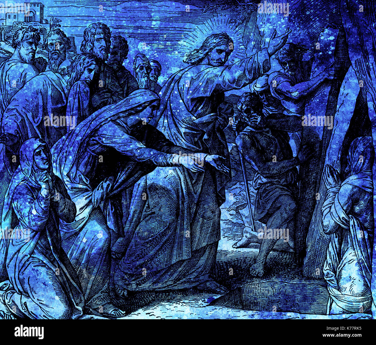 Resurrection of Lazarus, graphic collage from engraving of Nazareene ...