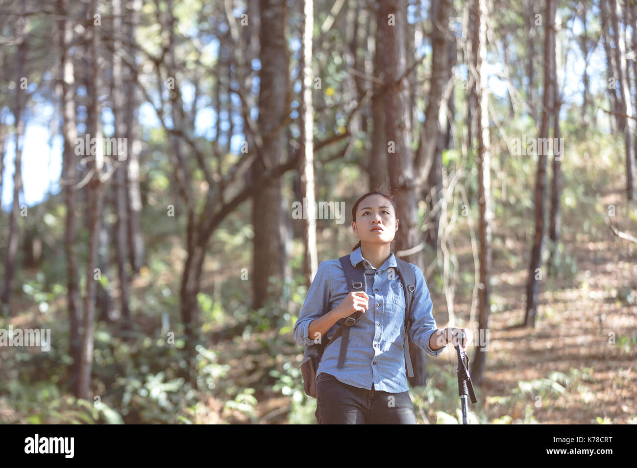 Hiking young woman with backpack watching trekking map, Hiking concept ...