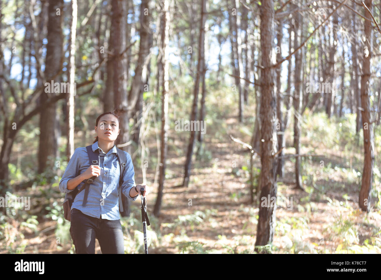 Hiking young woman with backpack watching trekking map, Hiking concept ...