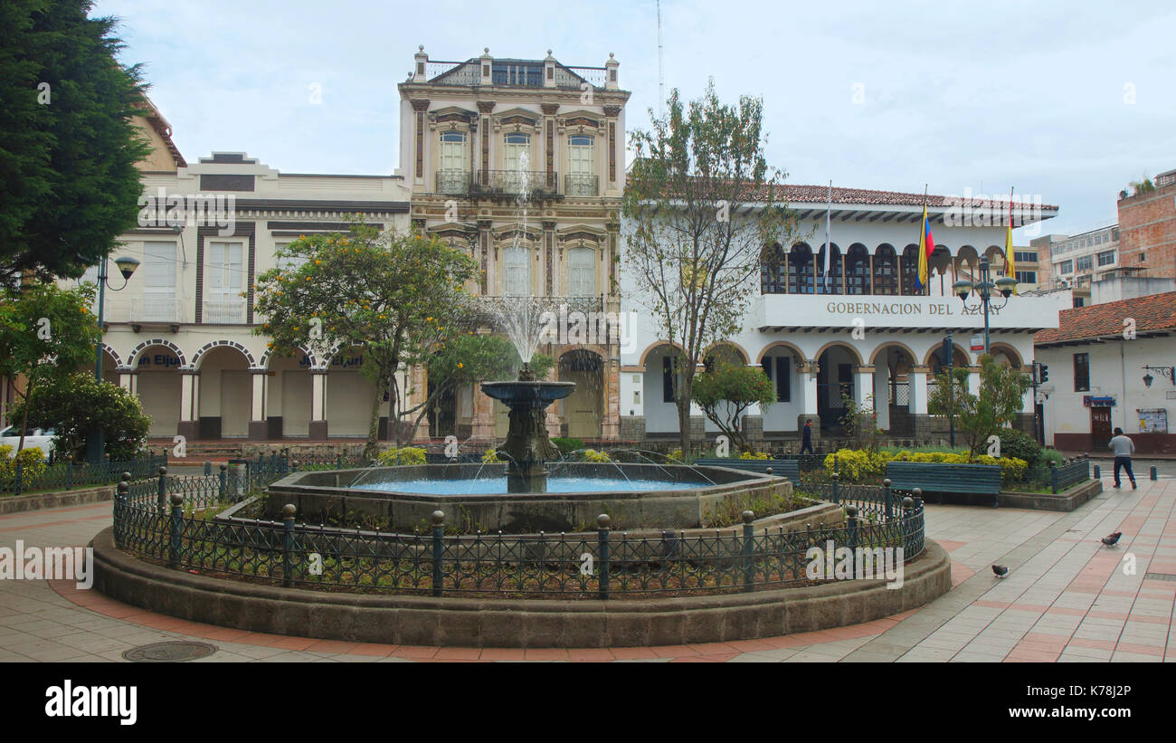 View of the water fountain in Calderon Park in the historic center of ...