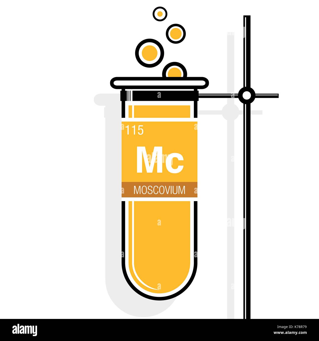Moscovium symbol on label in a yellow test tube with holder. Element ...