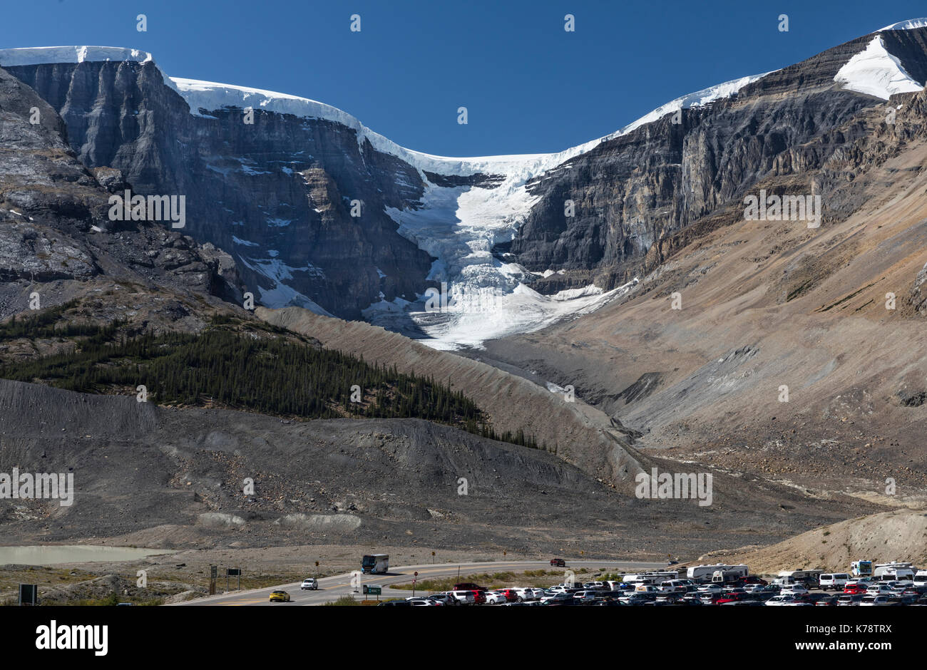 Dome Glacier and Columbia Icefield tower above the Icefields Parkway ...
