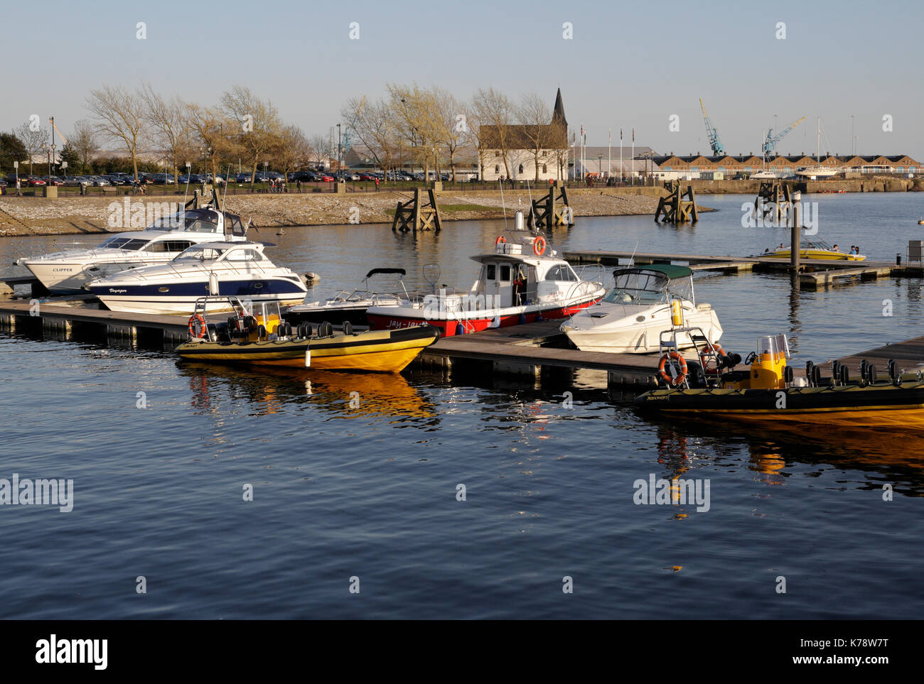 Speed boats moored in Cardiff bay Barrage marina Wales UK Stock Photo ...