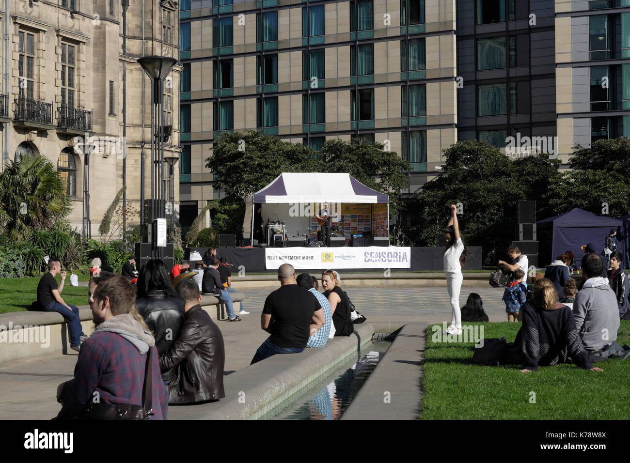 City centre entertainment in the Peace Gardens Sheffield England UK ...