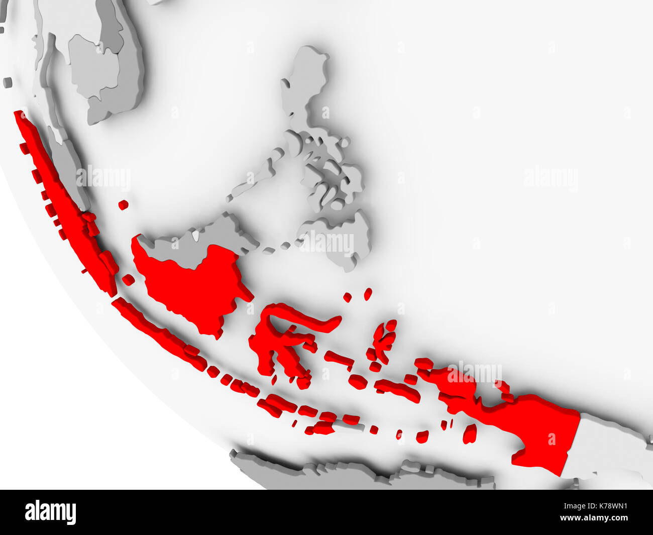 Indonesia in red on simple grey political globe with visible country ...