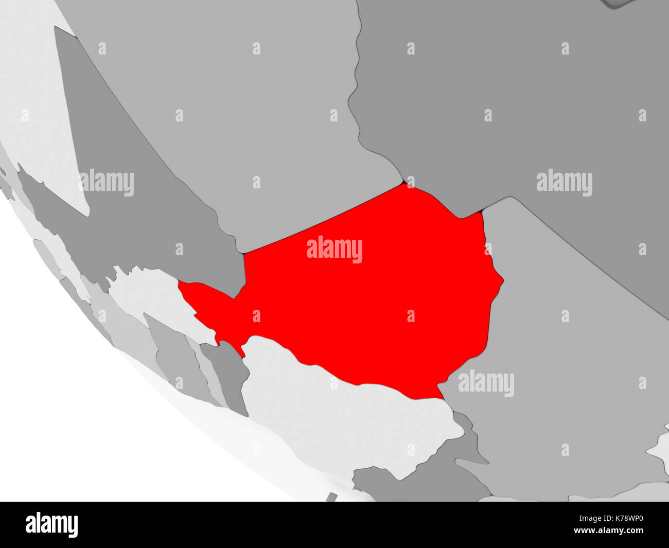 Niger in red on simple grey political globe with visible country ...