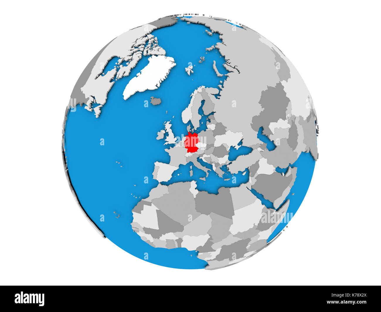 Germany highlighted in red on political globe. 3D illustration isolated ...