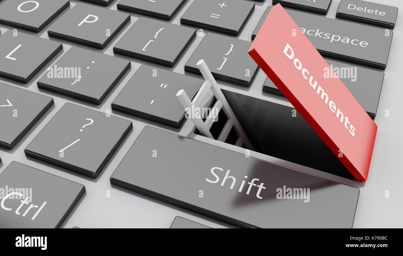 3d illustration. Open "documents" button with ladder coming out. Online ...
