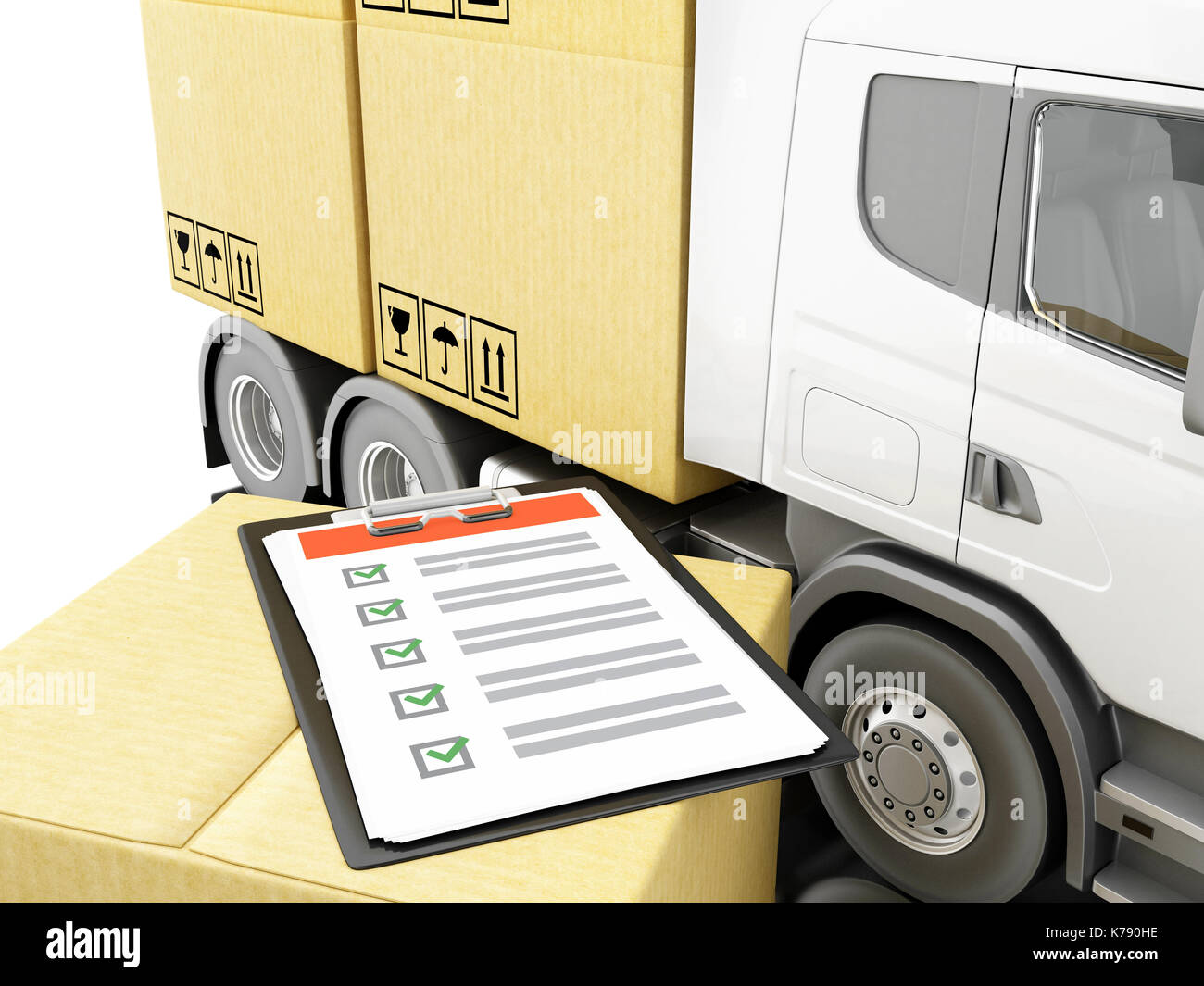 3d illustration. Truck with carboard boxes with check list. Delivery ...