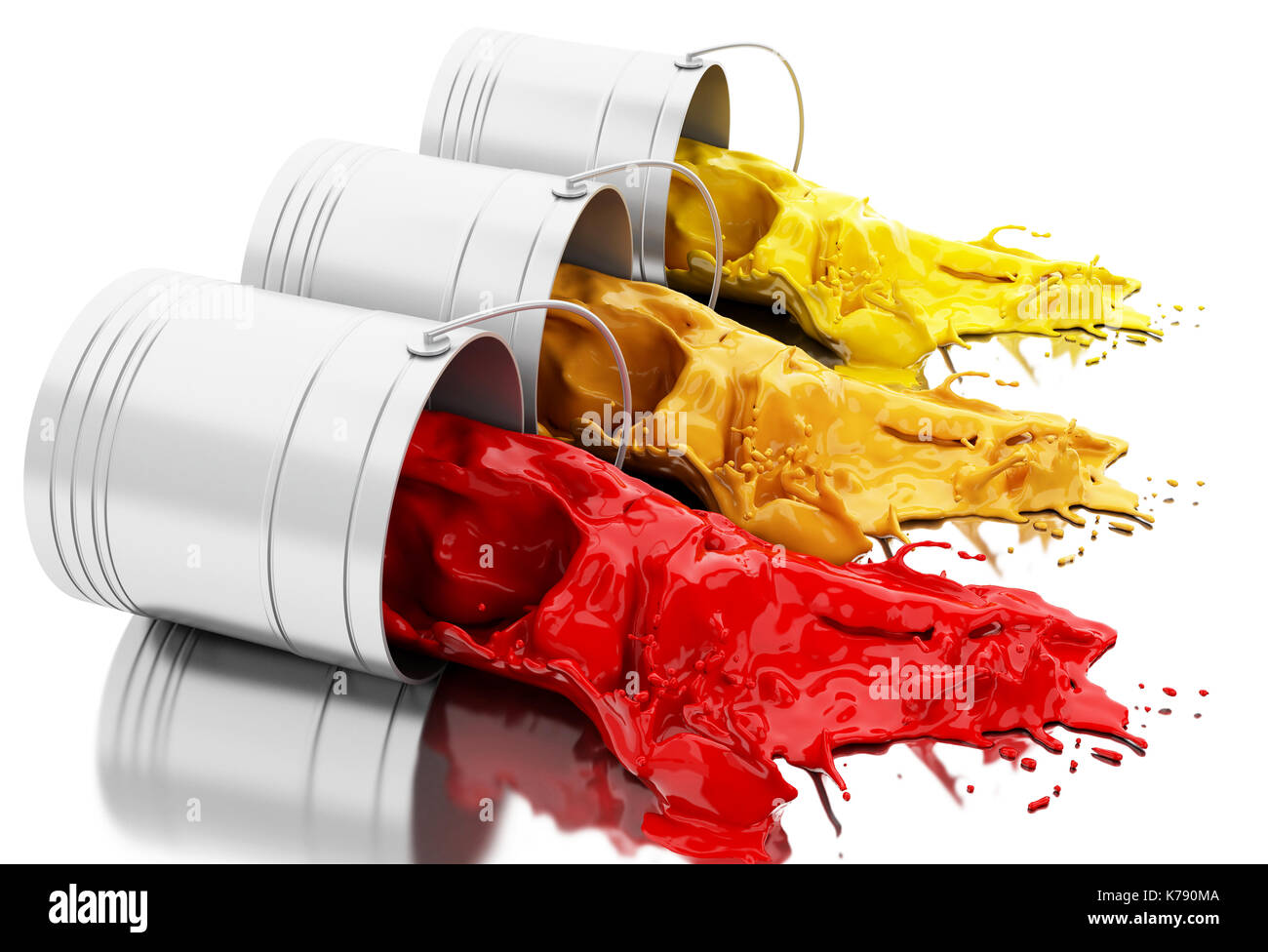 3d illustration. Colorful paint splashing out of cans. Isolated white ...