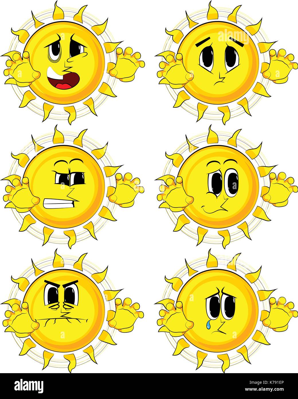 Cartoon sun is trying to scare you. Collection with sad faces ...