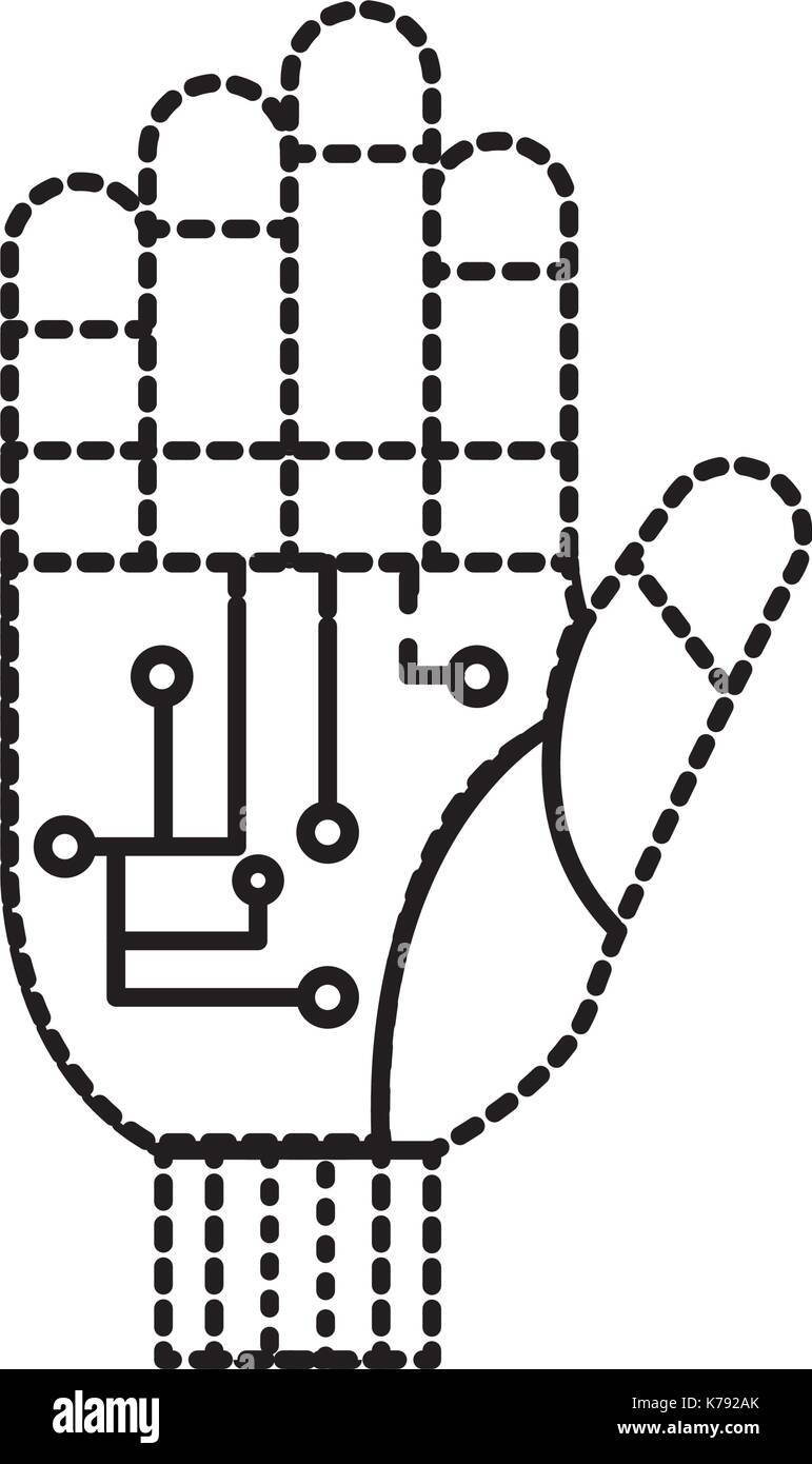 dotted shape hand with circuits and cyberspace interface connection ...