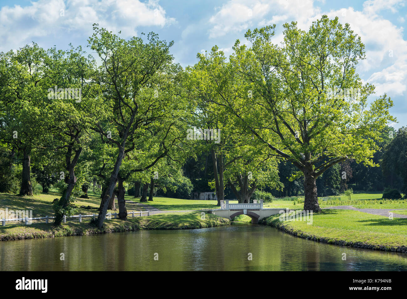 Park with lake and bridge in summer Stock Photo - Alamy