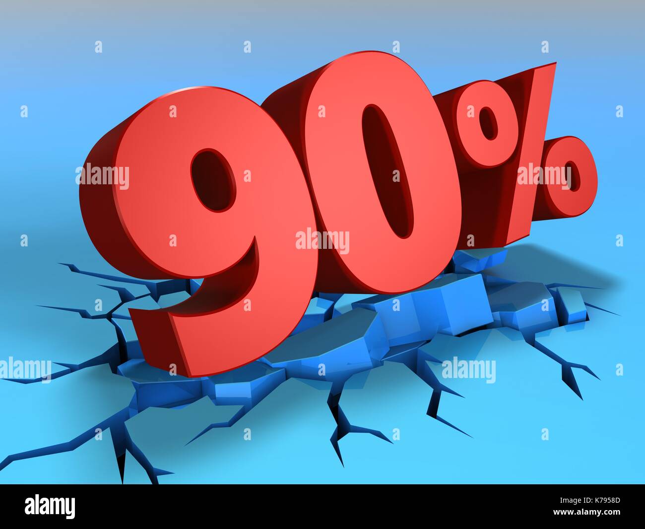 3d illustration of 90 percent discount with crack over blue glass ...