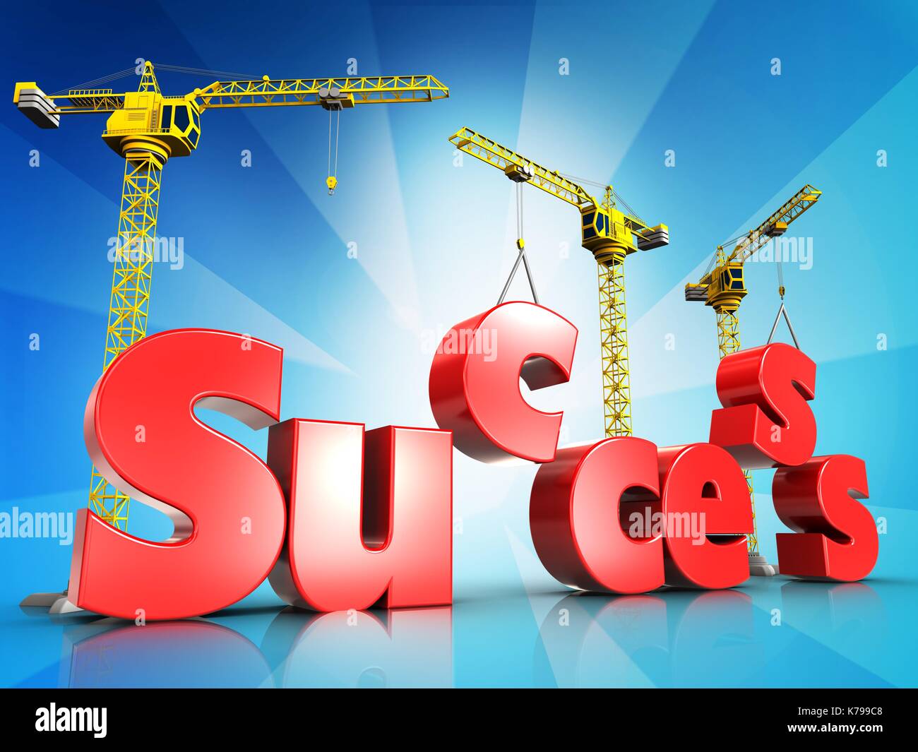 3d illustration of success building sign with cranes over light rays ...