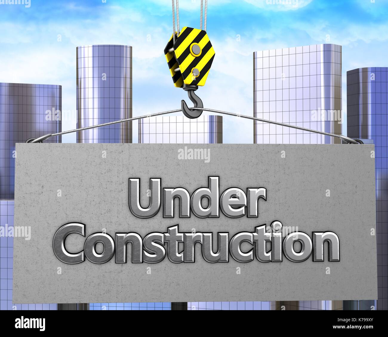 3d illustration of under construction sign with crane hook over city ...