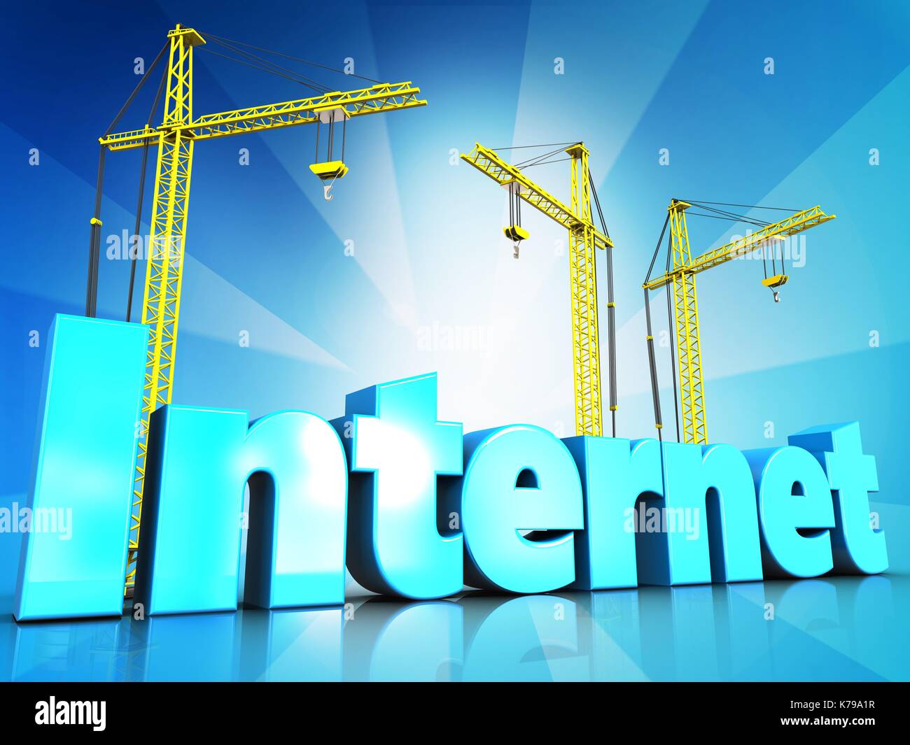 3d illustration of internet blue color sign with three cranes over ...