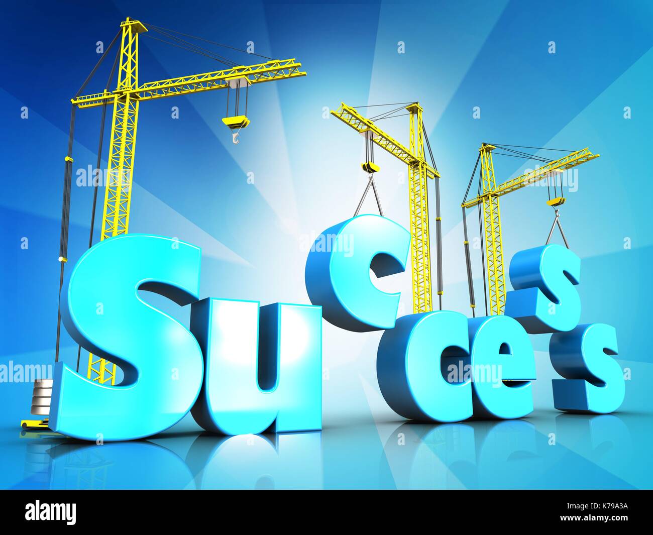 3d illustration of success blue color sign with three cranes over light ...