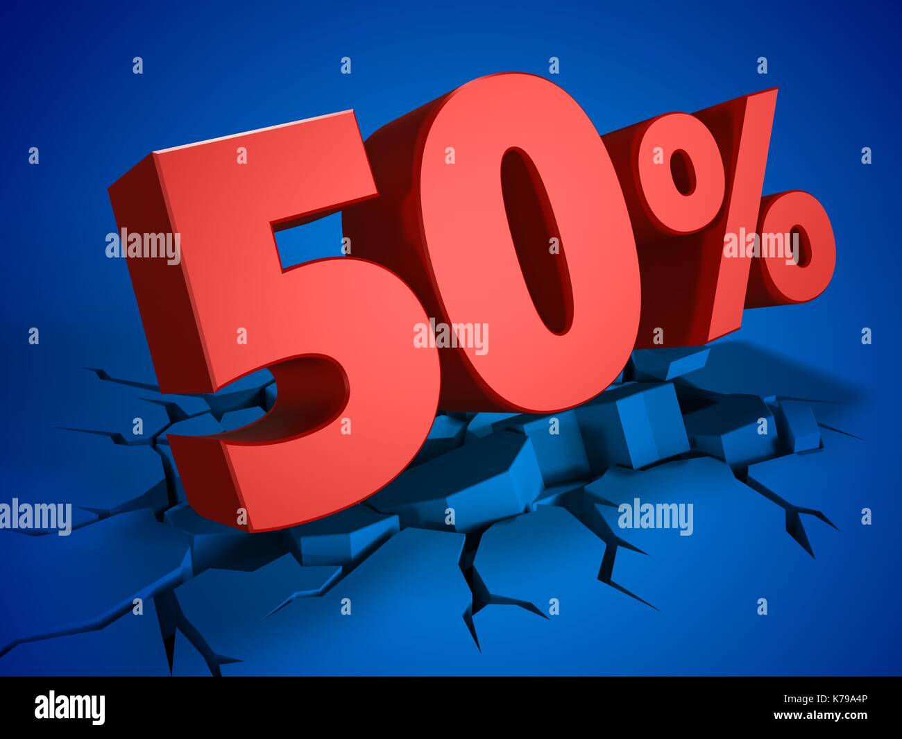 3d illustration of 50 percent discount with crack over blue background ...