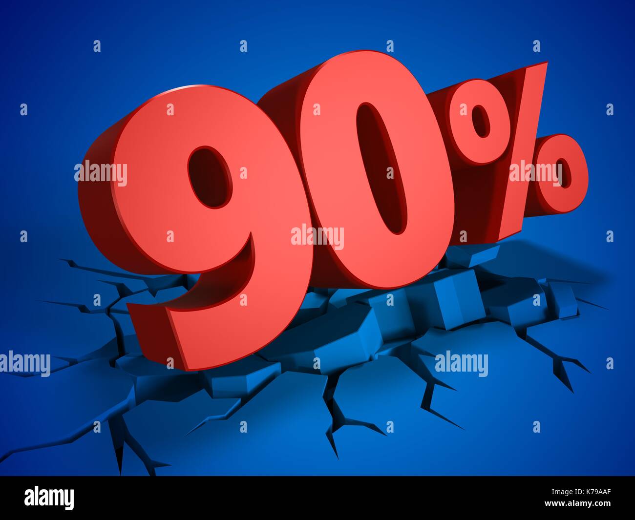 3d illustration of 90 percent discount with crack over blue background ...
