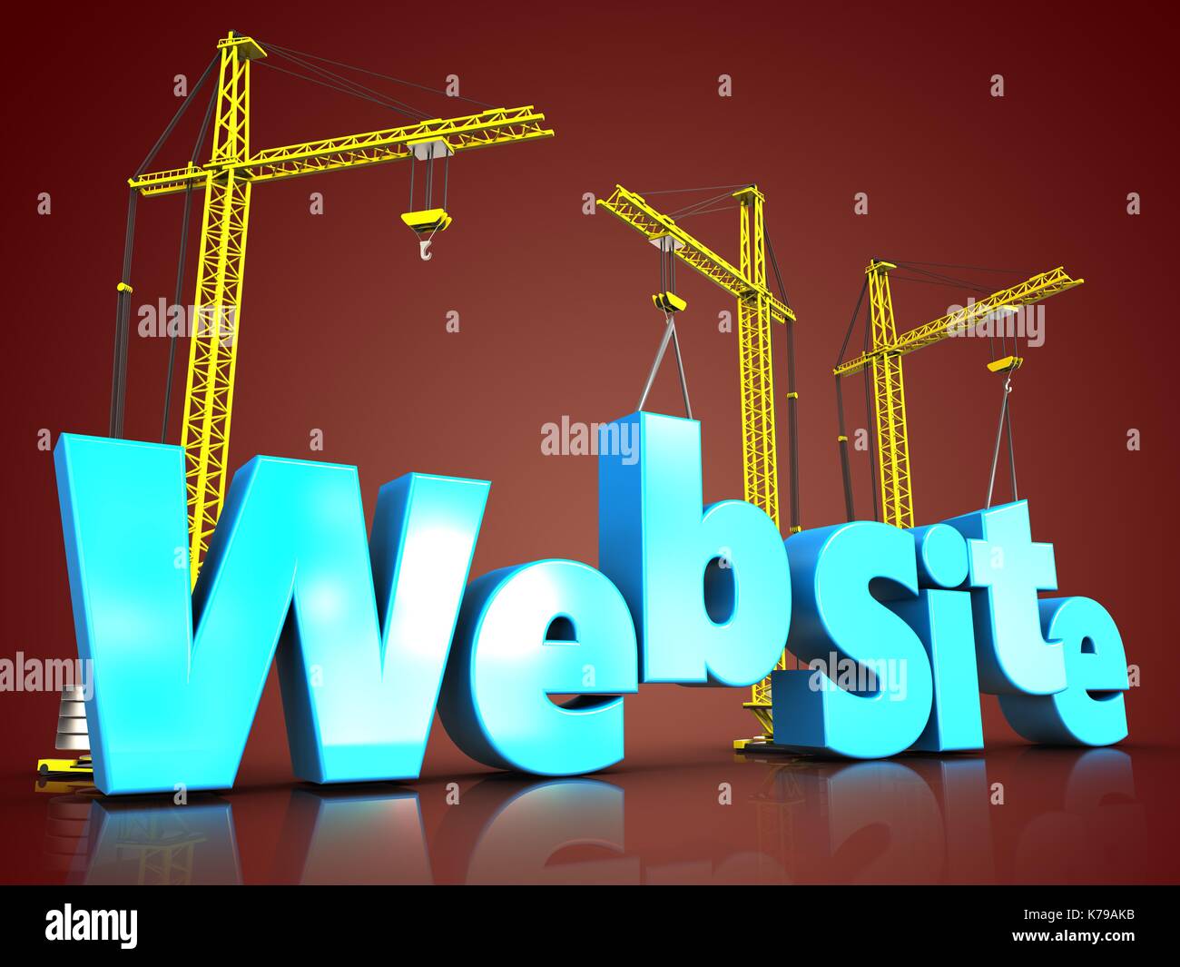3d illustration of website blue color sign with three cranes over red ...