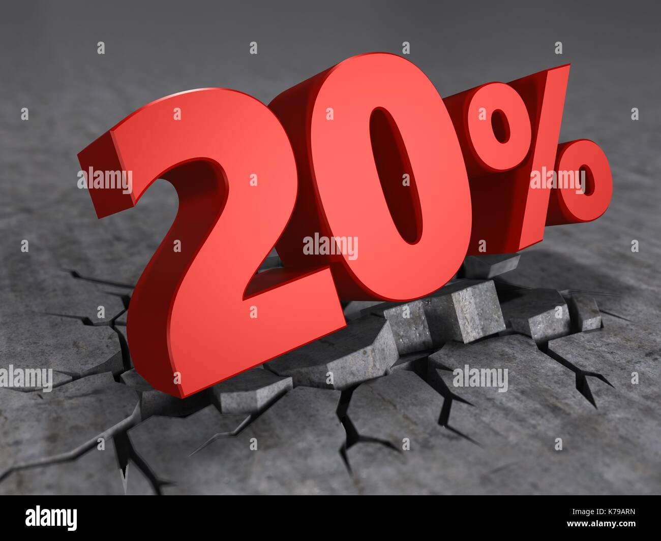 3d illustration of 20 percent discount with crack over concrete ...