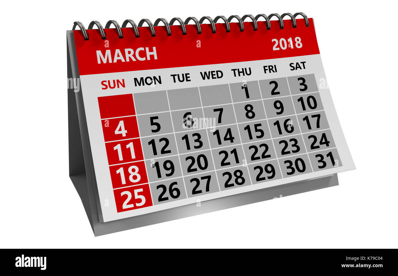 3d illustration of march 2018 calendar isolated over white background ...