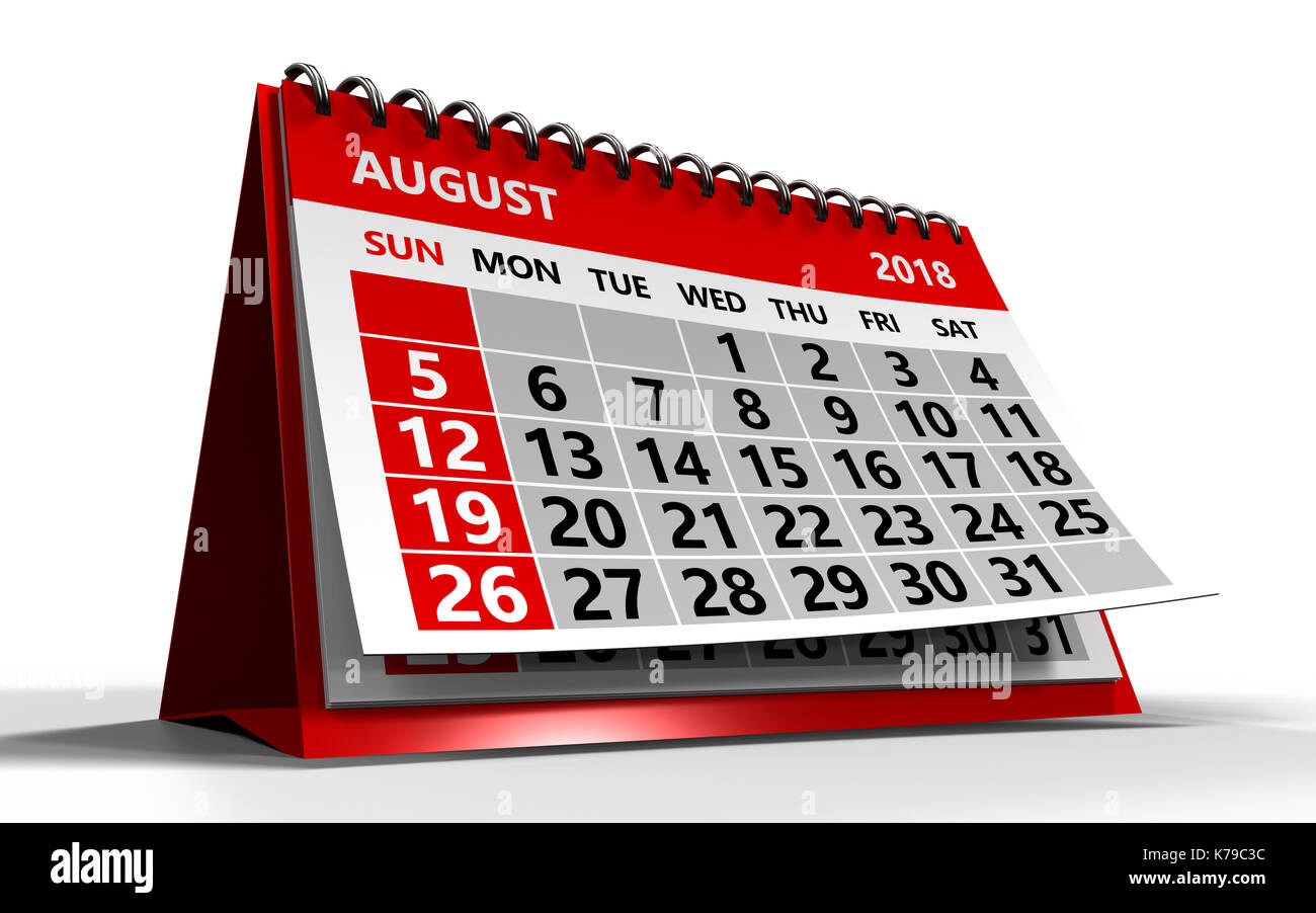 3d illustration of august 2018 calendar over white background with ...
