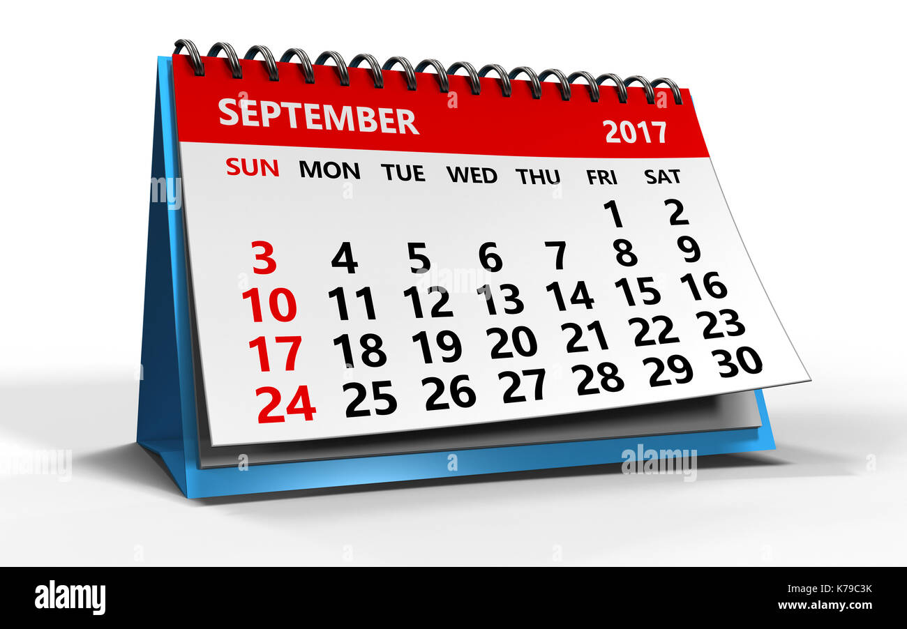 3d illustration of september 2017 calendar over white background Stock ...