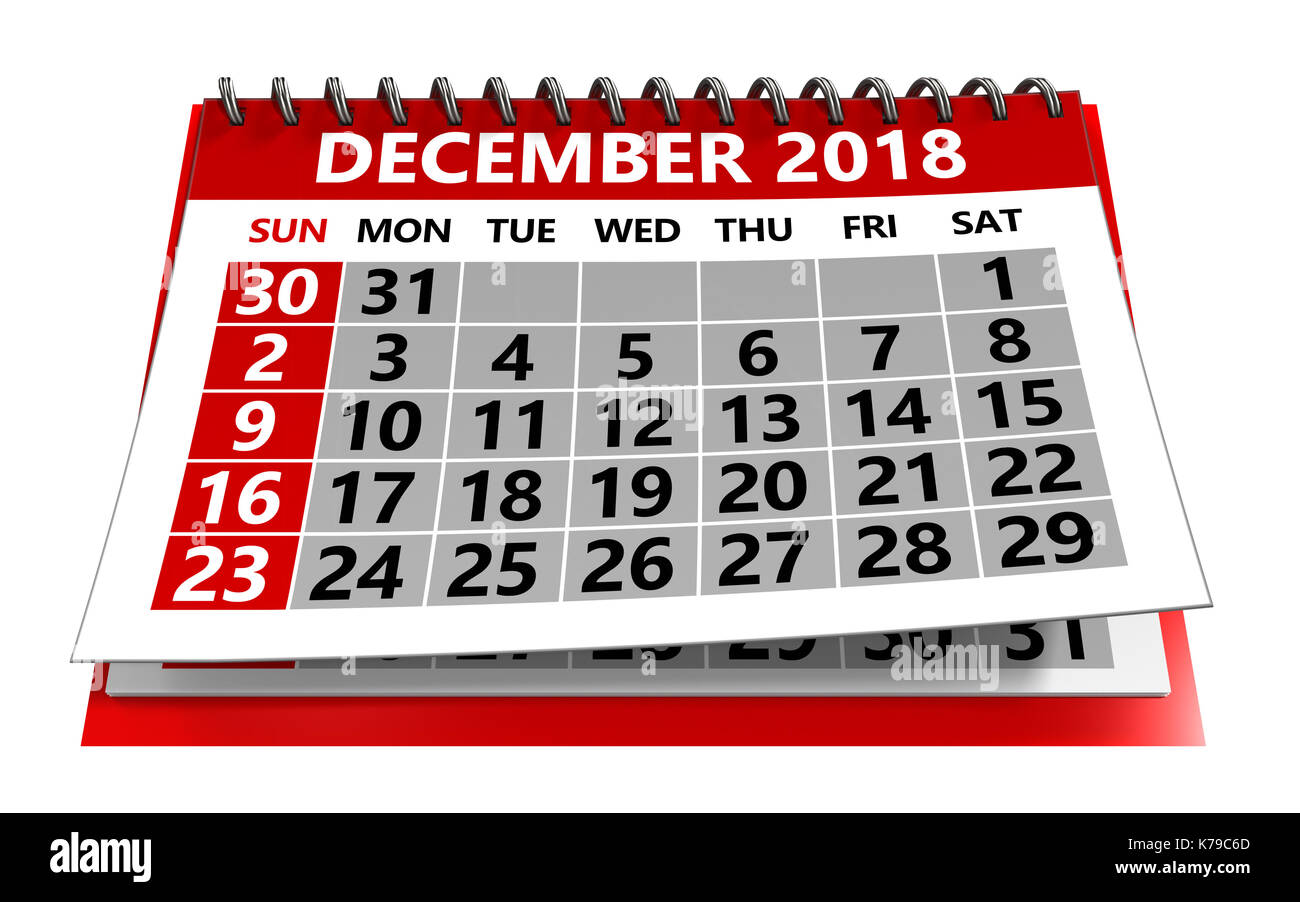 3d illustration of december 2018 calendar isolated over white ...