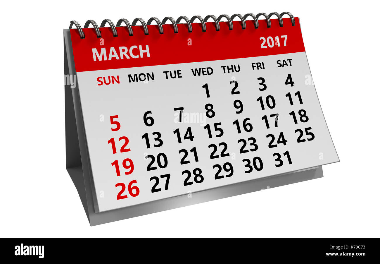 3d illustration of march 2017 calendar isolated over white background ...